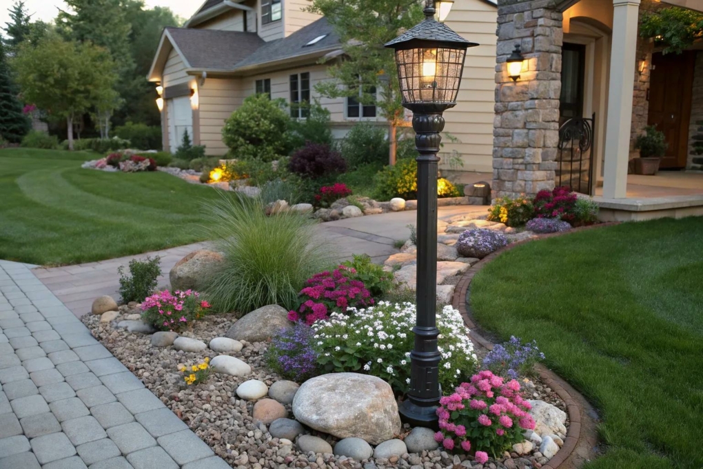 16+ Charming Front Yard Lamp Post Landscaping Ideas