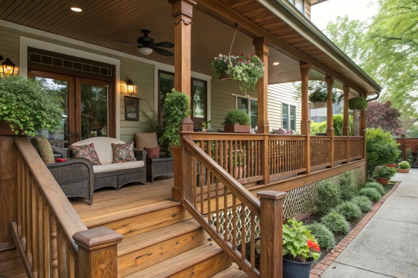 17+ Stylish Wood Front Porch Railing Ideas