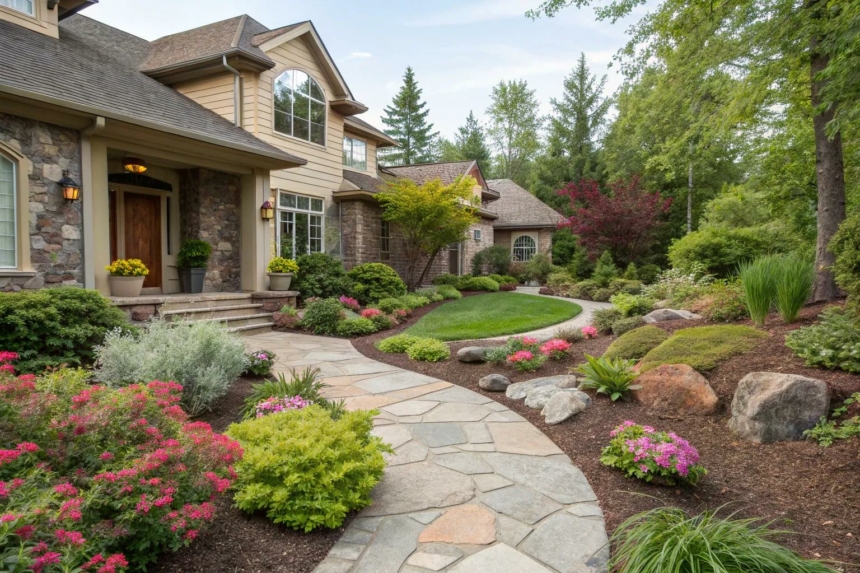 19+ Inspiring Front Yard Grass & Rock Landscaping Ideas