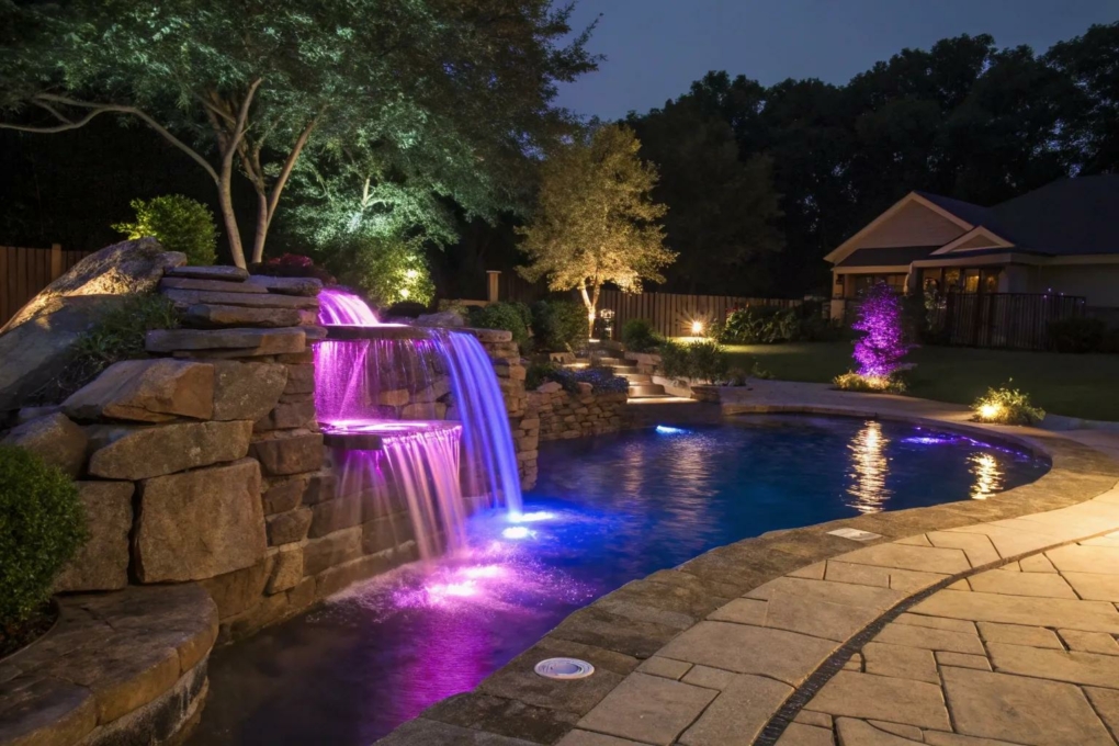 16+ Inspiring Pool Waterfall Lighting Ideas