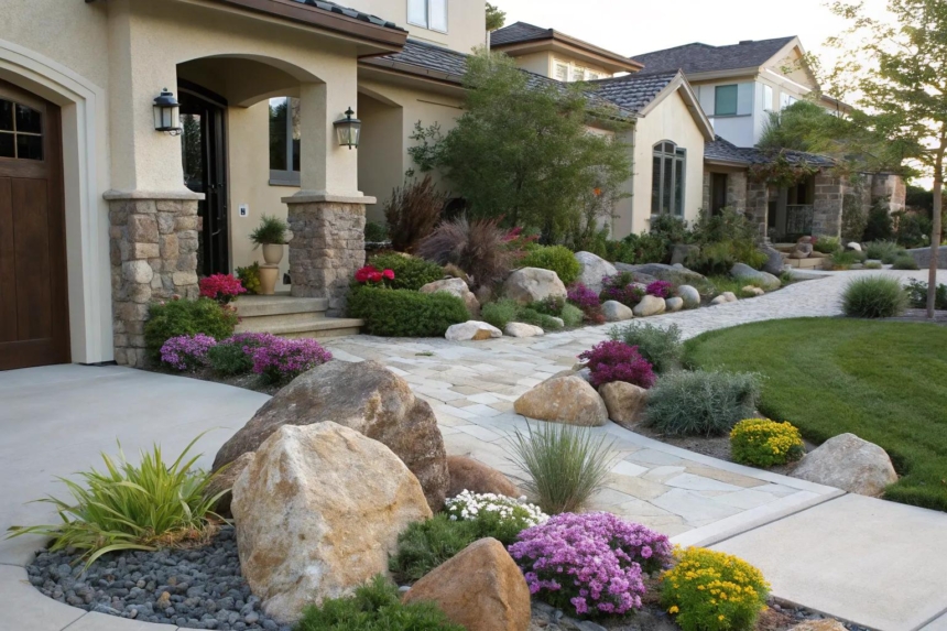 19+ Stunning Front Yard Black Landscape Rock Ideas