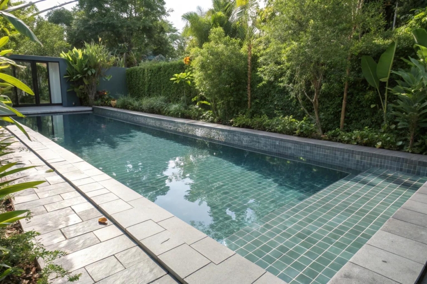 16+ Stylish Grey Pool Waterline Tile Ideas