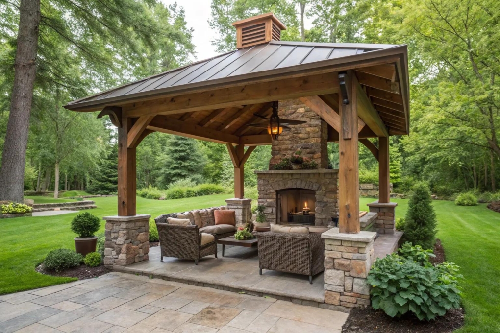 17+ Cozy Rustic Outdoor Pavilion with Fireplace Ideas