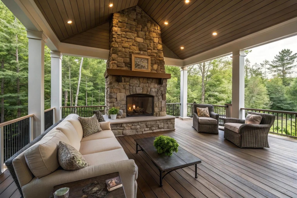 15+ Cozy Covered Porch with Fireplace Ideas