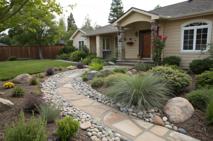 20+ Inspiring Front Yard River Rock Landscaping Ideas