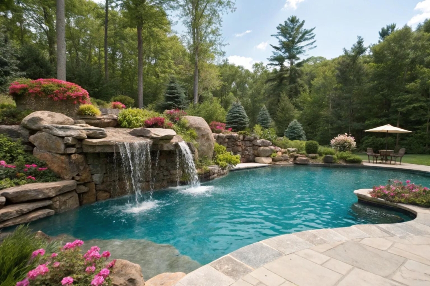 17+ Stunning Backyard Pool with Rock Waterfall Ideas
